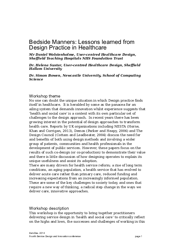 (DOC) Bedside Manners: Lessons learned from Design Practice in Healthcare