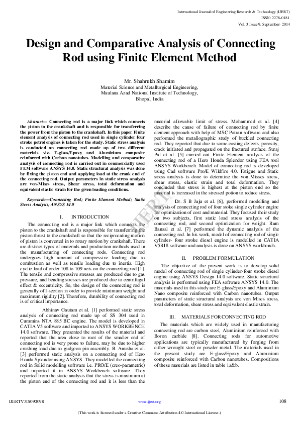 Pdf Design And Comparative Analysis Of Connecting Rod Using Finite