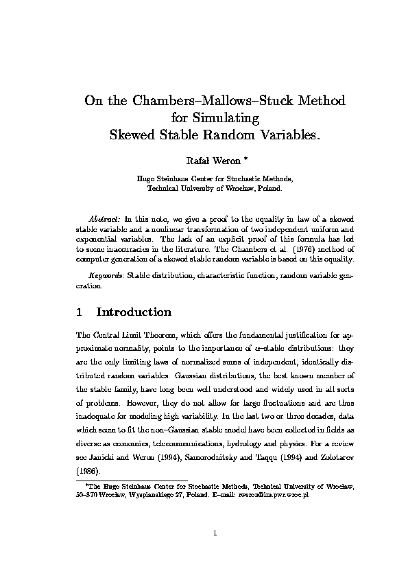 On the Chambers{Mallows{Stuck Method for Simulating Skewed Stable Random Variables