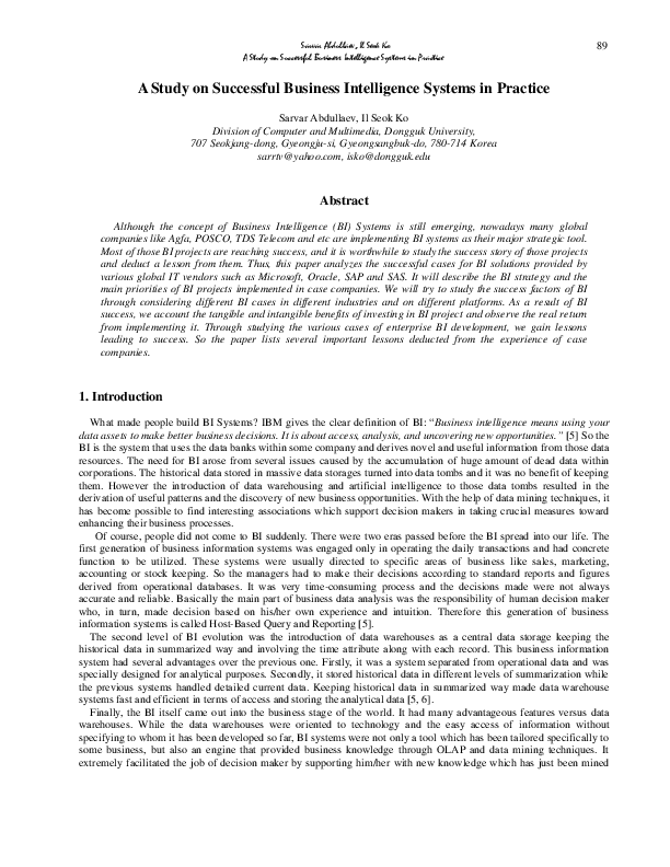 (PDF) A Study on Successful Business Intelligence Systems in Practice