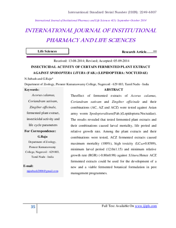 (PDF) INSECTICIDAL ACTIVITY OF CERTAIN FERMENTED PLANT EXTRACT AGAINST ...