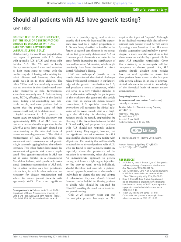 (PDF) Should all patients with ALS have genetic testing? - Talbot et al