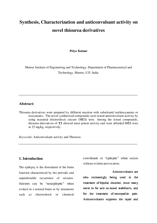 (DOC) Synthesis, Characterization and anticonvulsant activity on novel thiourea derivatives