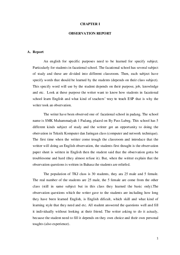 CHAPTER I OBSERVATION REPORT