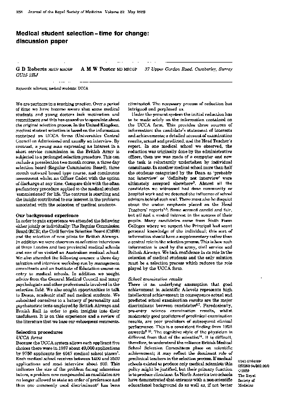 (PDF) Medical student selection -time for change: discussion paper