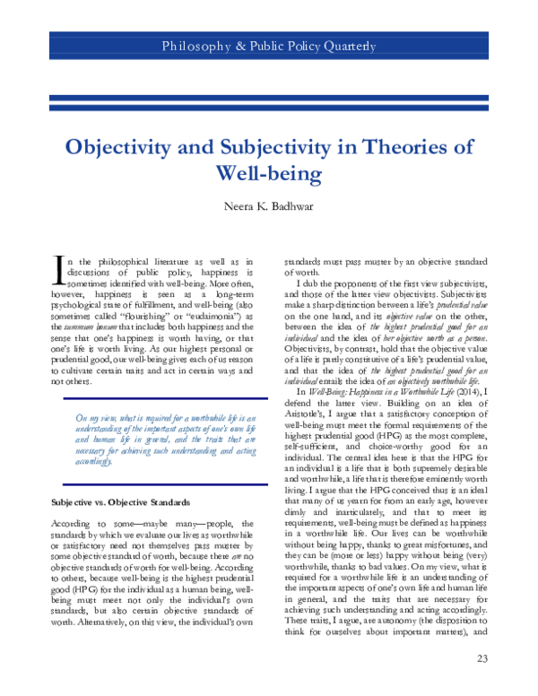(PDF) Objectivity and Subjectivity in Theories of Well-being