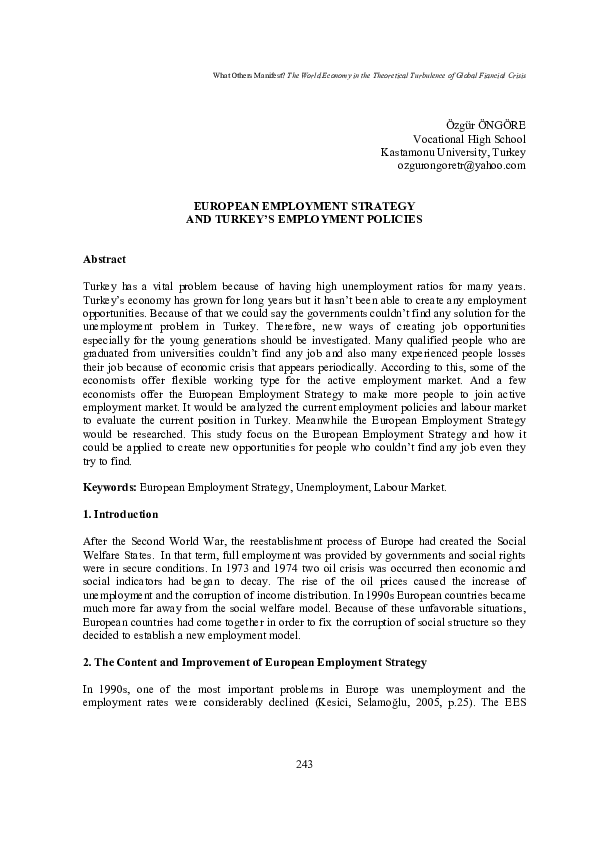 (PDF) EUROPEAN EMPLOYMENT STRATEGY AND TURKEY’S EMPLOYMENT POLICIES