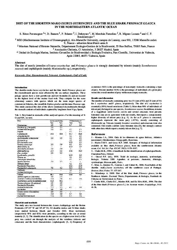 (PDF) DIET OF THE SHORTFIN MAKO ISURUS OXYRINCHUS AND THE BLUE SHARK ...
