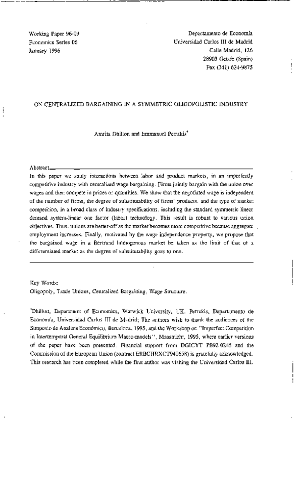 (PDF) On centralized bargaining in a symmetric oligopolistic industry