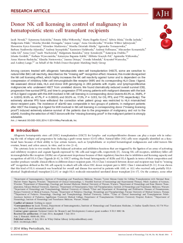(PDF) Donor NK cell licensing in control of malignancy in hematopoietic ...