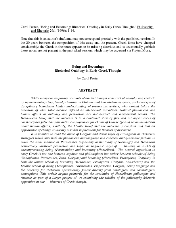 (PDF) Being and Becoming: Rhetorical Ontology in Early Greek Thought