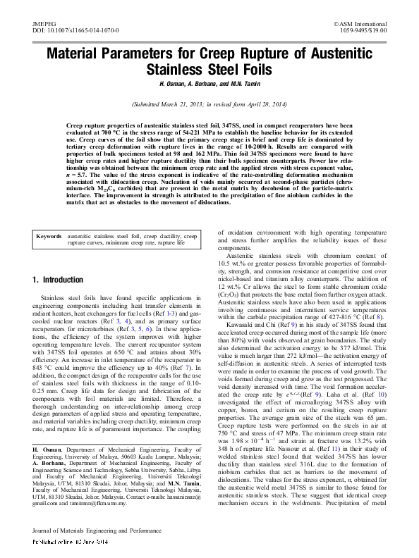 (PDF) Material Parameters for Creep Rupture of Austenitic Stainless ...