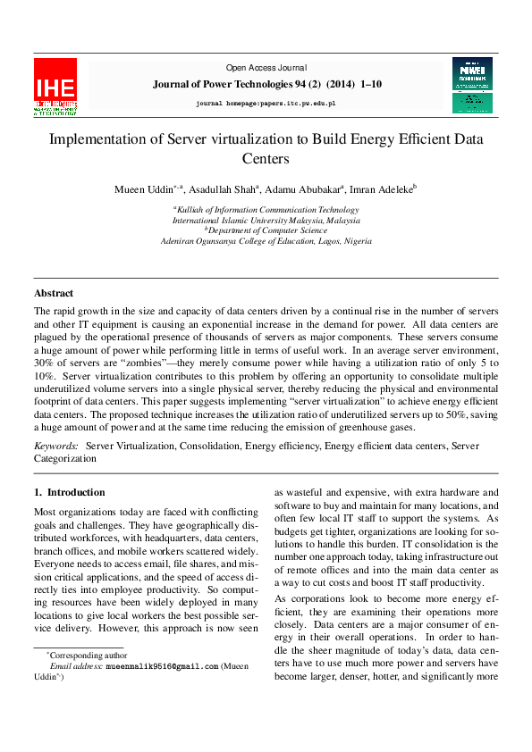 Pdf Implementation Of Server Virtualization To Build Energy Efficient Data Centers
