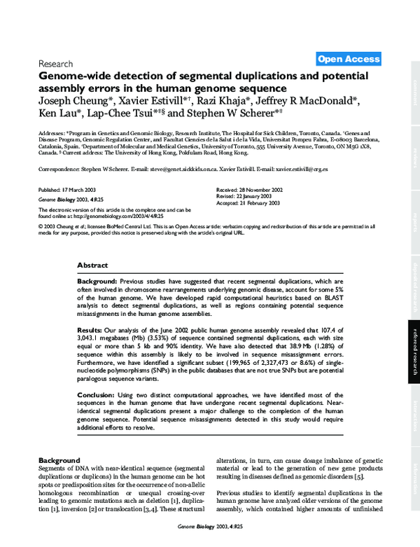 (PDF) Genome-wide detection of segmental duplications and potential assembly errors in the human ...