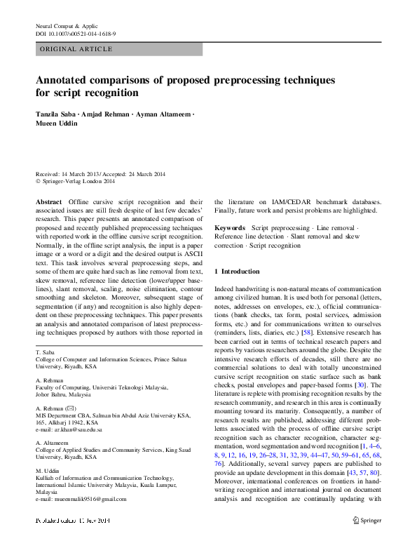 Pdf Annotated Comparisons Of Proposed Preprocessing Techniques For Script Recognition