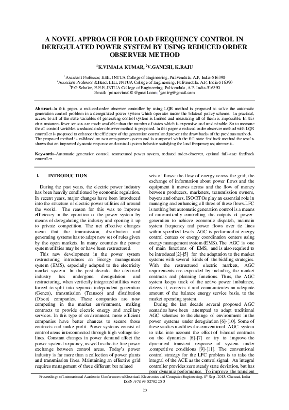 Pdf A Novel Approach For Load Frequency Control In Deregulated Power System By Using Reduced
