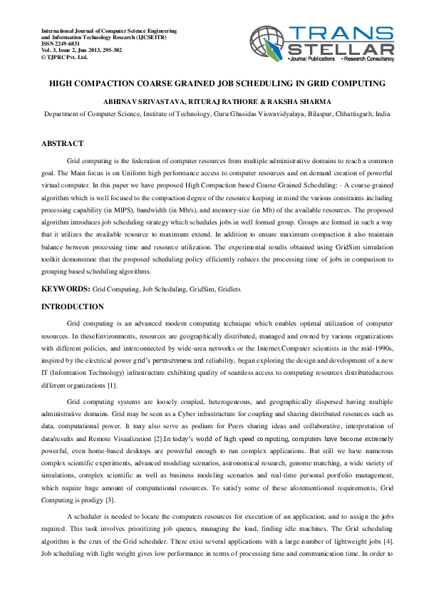 (PDF) HIGH COMPACTION COARSE GRAINED JOB SCHEDULING IN GRID COMPUTING