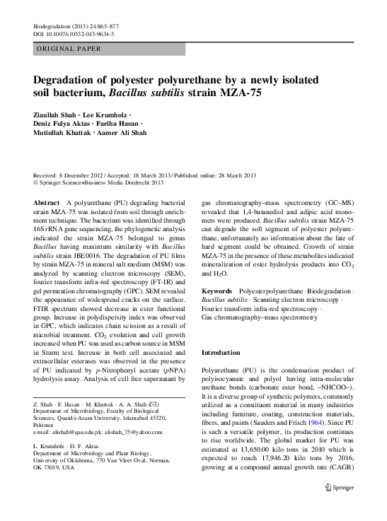 (PDF) Degradation of polyester polyurethane by a newly isolated soil ...