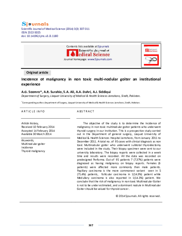 (PDF) Incidence of malignancy in Non Toxic Multi-Nodular Goiter; An ...