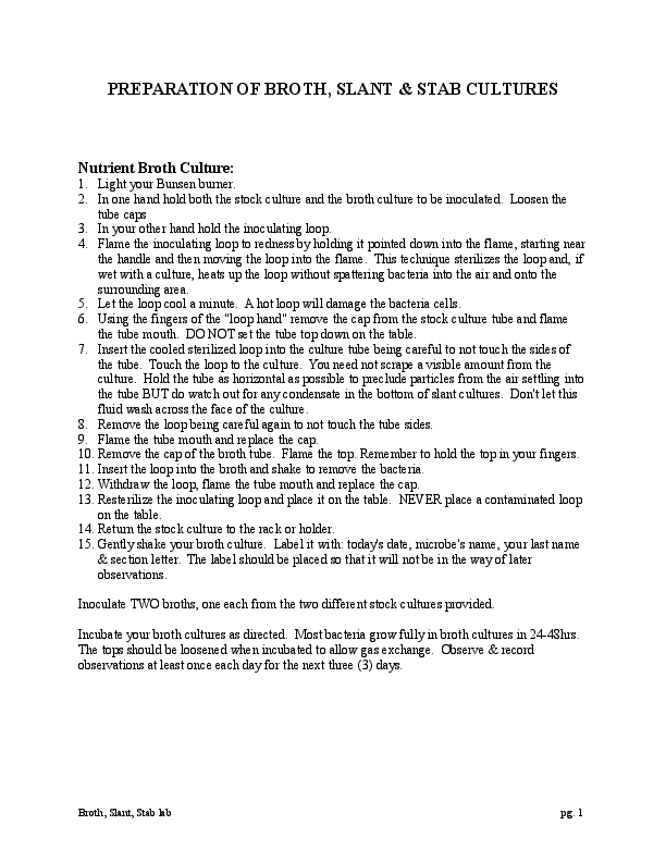(DOC) PREPARATION OF BROTH, SLANT & STAB CULTURES