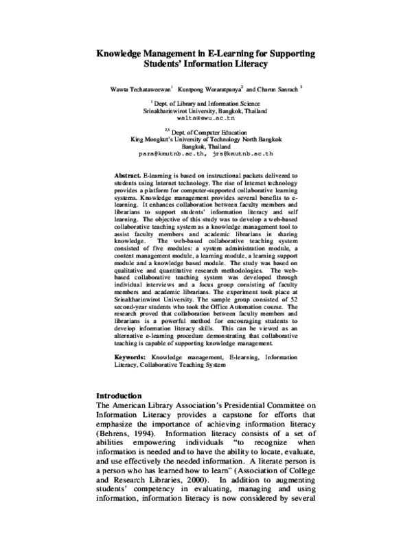 Pdf Knowledge Management In E Learning For Supporting Students