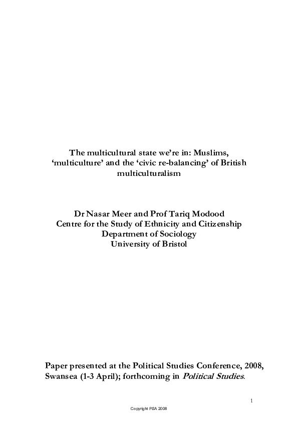 (PDF) The Multicultural State We're In: Muslims,'Multiculture'and the ...