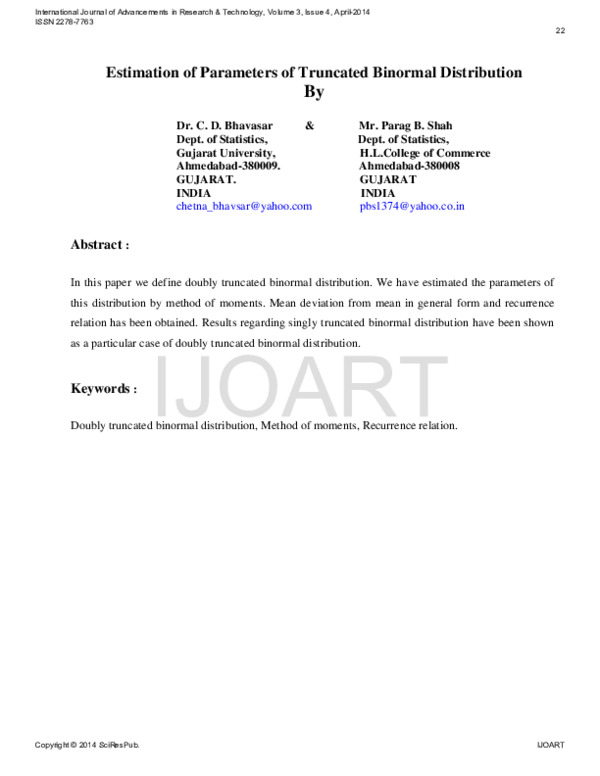 (PDF) Estimation of Parameters of Truncated Binormal Distribution