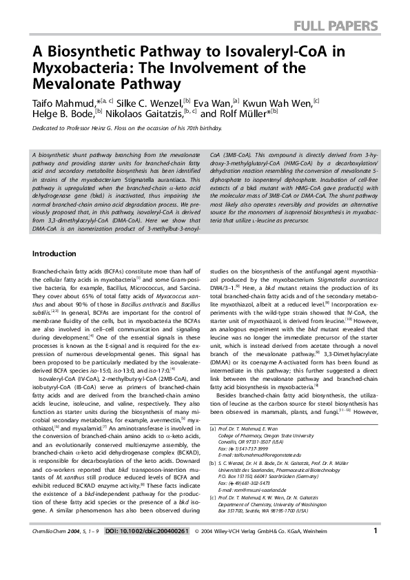 (PDF) A Biosynthetic Pathway to Isovaleryl‐CoA in Myxobacteria: The ...