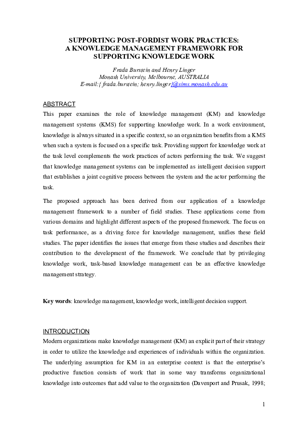 (PDF) Supporting post-Fordist work practices: A knowledge management framework for supporting ...