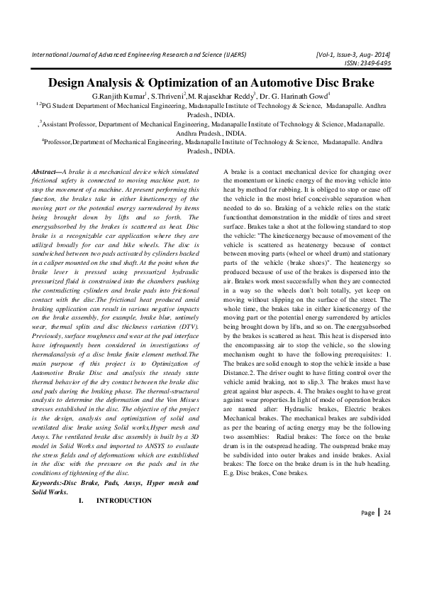 (PDF) Design Analysis & Optimization of an Automotive Disc Brake