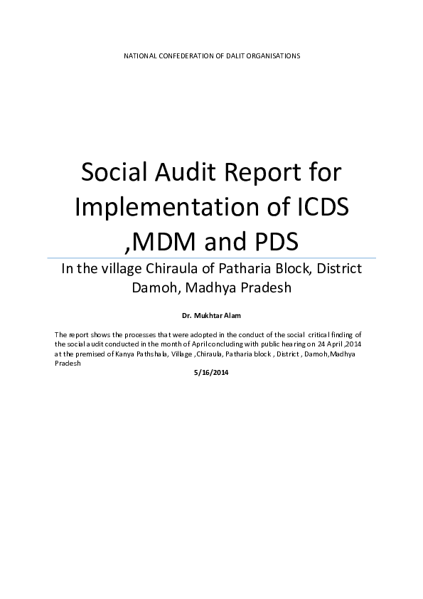 (DOC) Social Audit Report for MDM,ICDS and PDS in Chiraula Panchayat ...