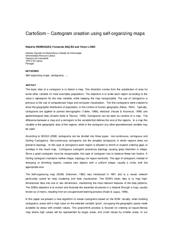 (PDF) Carto-SOM: cartogram creation using self-organizing maps | Victor Lobo and Roberto ...