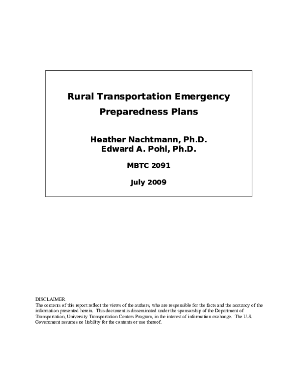Rural Transportation Emergency Preparedness Plans Heather Nachtmann, Ph. D.