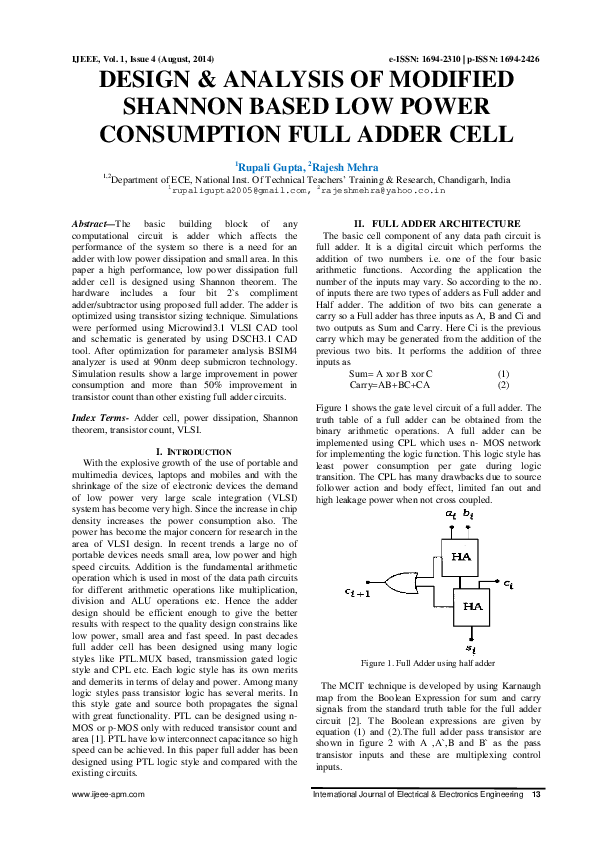 (PDF) DESIGN & ANALYSIS OF MODIFIED SHANNON BASED LOW POWER CONSUMPTION FULL ADDER CELL