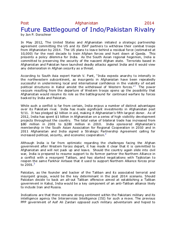 (DOC) Post Afghanistan 2014 Future Battlegound of Indo/Pakistan Rivalry