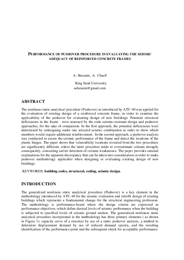 Pdf Performance Of Pushover Procedure In Evaluating The Seismic Adequacy Of Reinforced