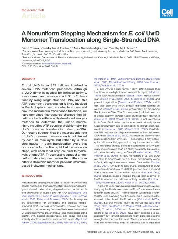 (PDF) A Nonuniform Stepping Mechanism for E. coli UvrD Monomer ...