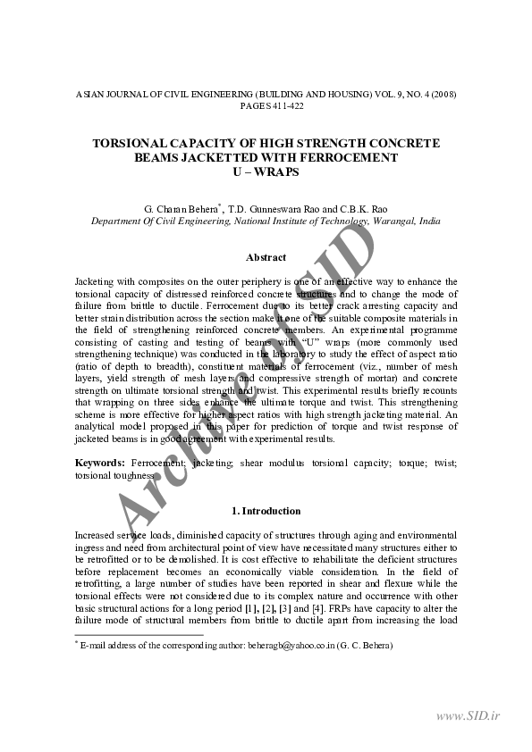(PDF) TORSIONAL CAPACITY OF HIGH STRENGTH CONCRETE BEAMS JACKETTED WITH FERROCEMENT U WRAPS