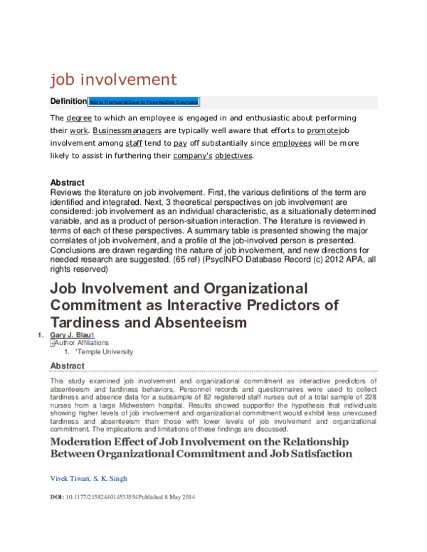 (DOC) job involvement DefinitionAdd to FlashcardsSave to FavoritesSee ...