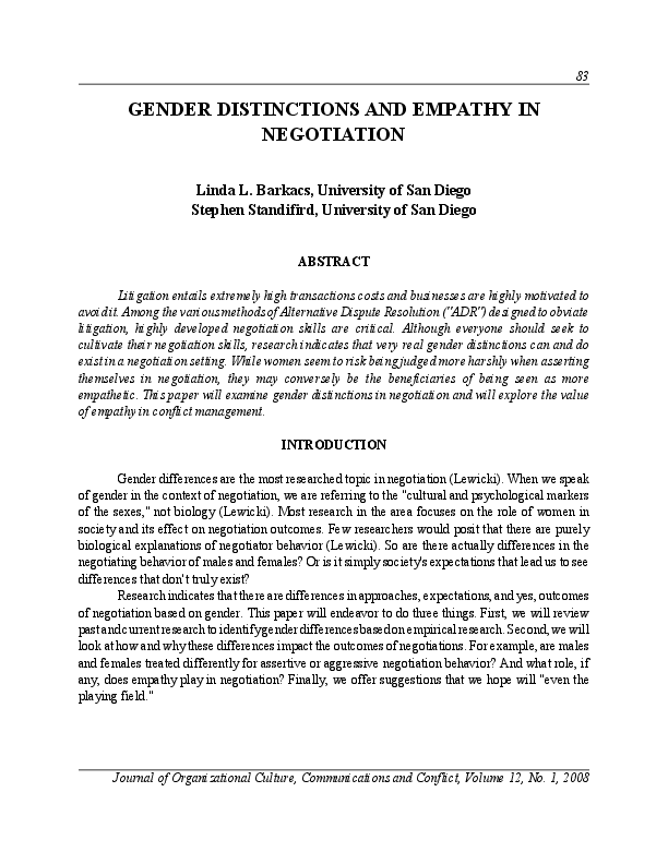 (PDF) GENDER DISTINCTIONS AND EMPATHY IN NEGOTIATION