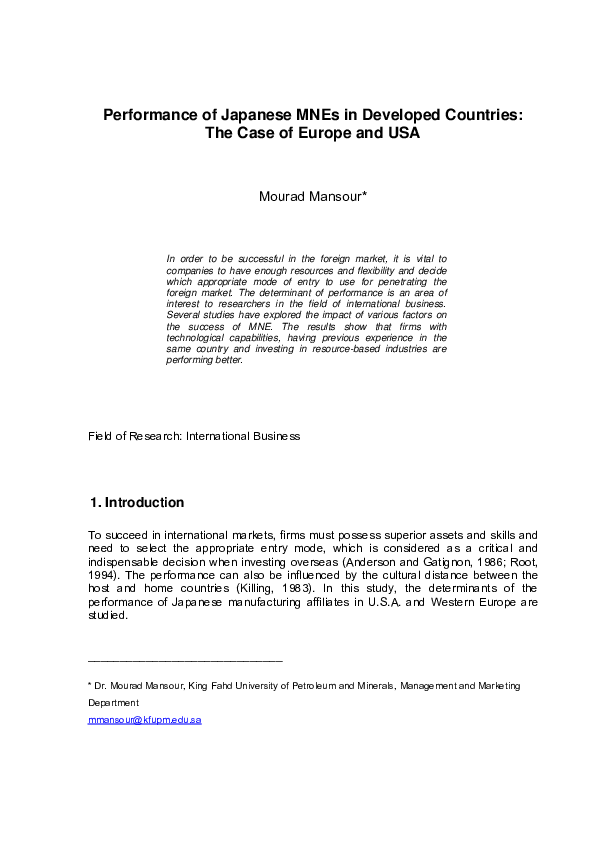 (PDF) Performance of Japanese MNEs in Developed Countries: The Case of Europe and USA
