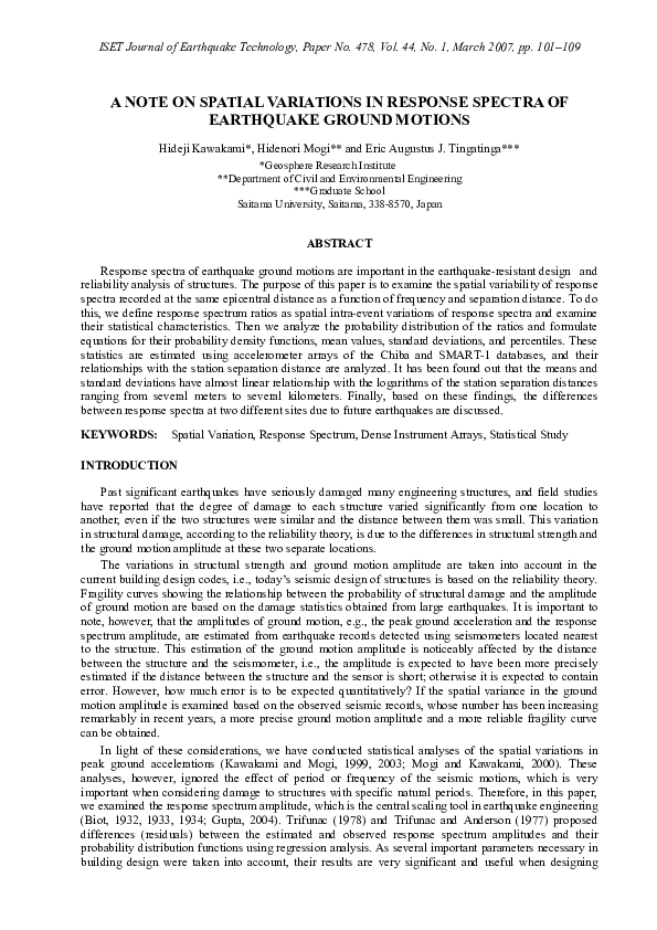(PDF) A NOTE ON SPATIAL VARIATIONS IN RESPONSE SPECTRA OF EARTHQUAKE GROUND MOTIONS