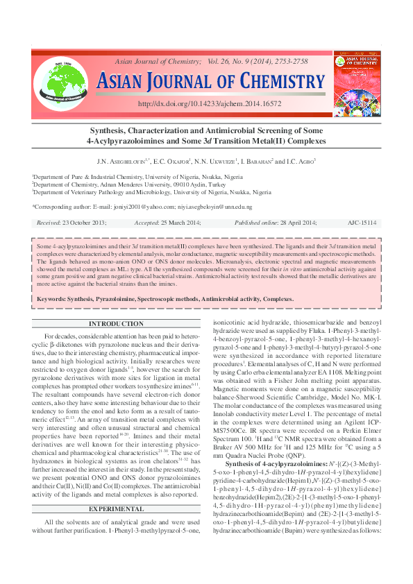 (PDF) Synthesis, Characterization and Antimicrobial Screening of Some 4-Acylpyrazoloimines and ...