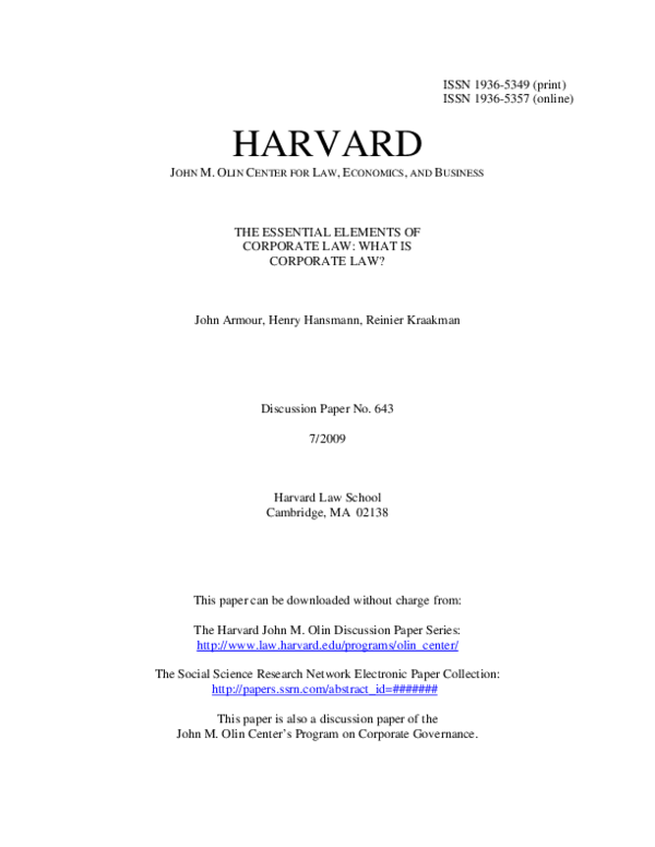 (PDF) THE ESSENTIAL ELEMENTS OF CORPORATE LAW: WHAT IS CORPORATE LAW