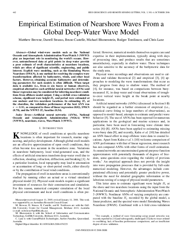 Pdf Empirical Estimation Of Nearshore Waves From A Global Deep Water Wave Model