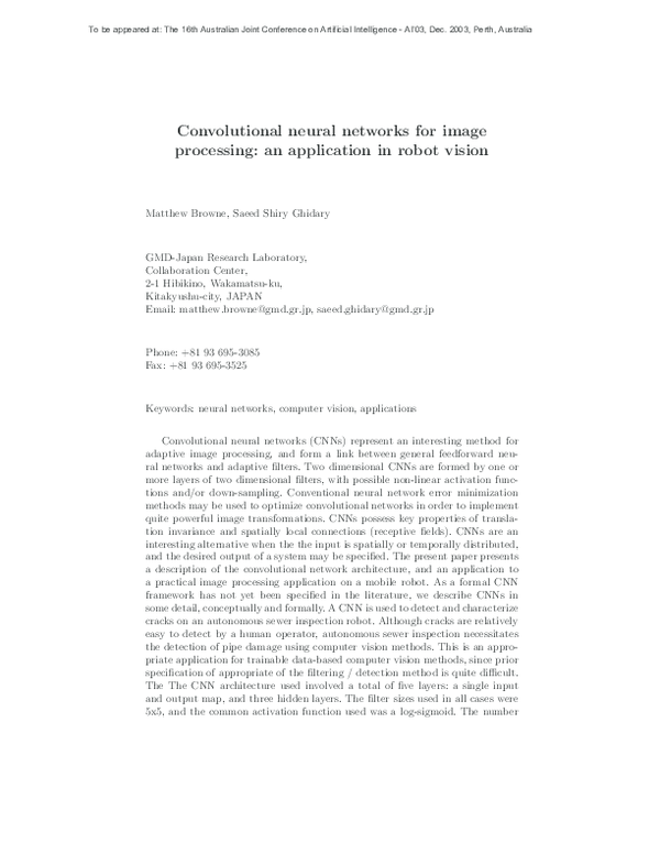 (PDF) Convolutional neural networks for image processing: an application in robot vision