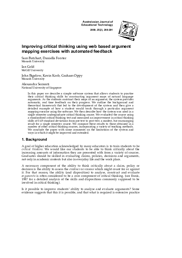 Pdf Improving Critical Thinking Using Web Based Argument Mapping Exercises With Automated Feedback