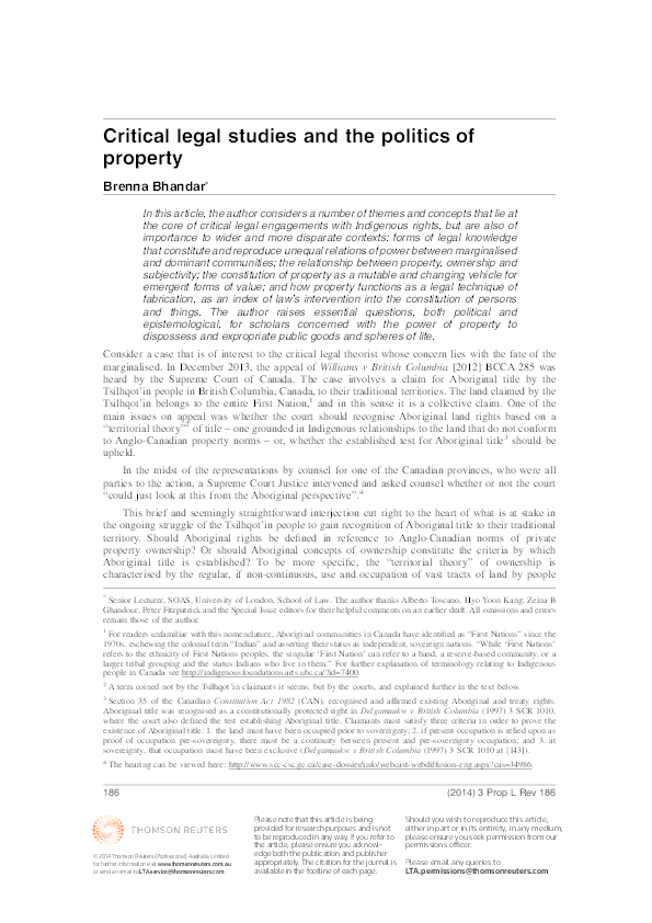 (PDF) Critical Legal Studies and the Politics of Property