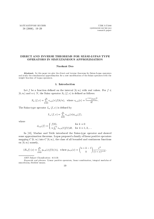(PDF) DIRECT AND INVERSE THEOREMS FOR SZˆ ASZ-LUPAS TYPE OPERATORS IN SIMULTANEOUS APPROXIMATION