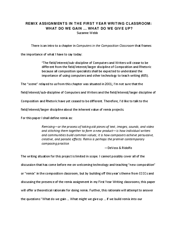 (PDF) REMIX ASSIGNMENTS IN THE FIRST YEAR WRITING CLASSROOM: WHAT DO WE ...